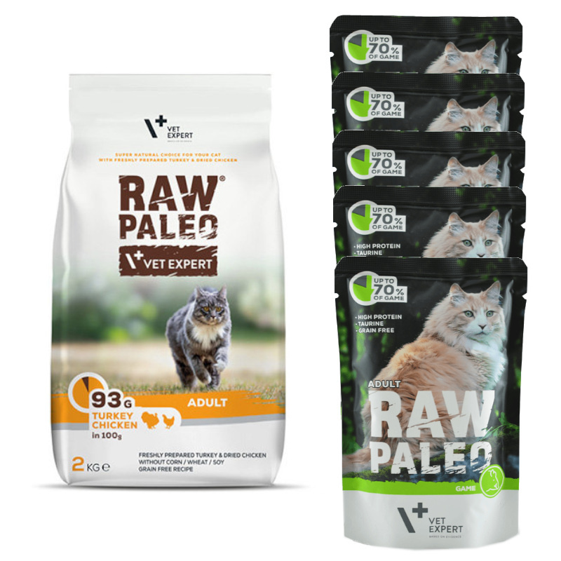 Raw Paleo Adult Cat Sucha Karma Dla Kota Indyk Z Kurczakiem 2kg + Mokra Karma Z Dziczyzną 5x100g ...